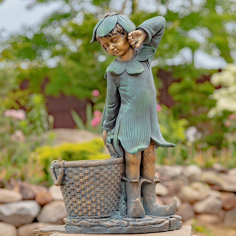 30" Tall Magnesium Fairy Garden Statue with Basket in Antique Bronze ...