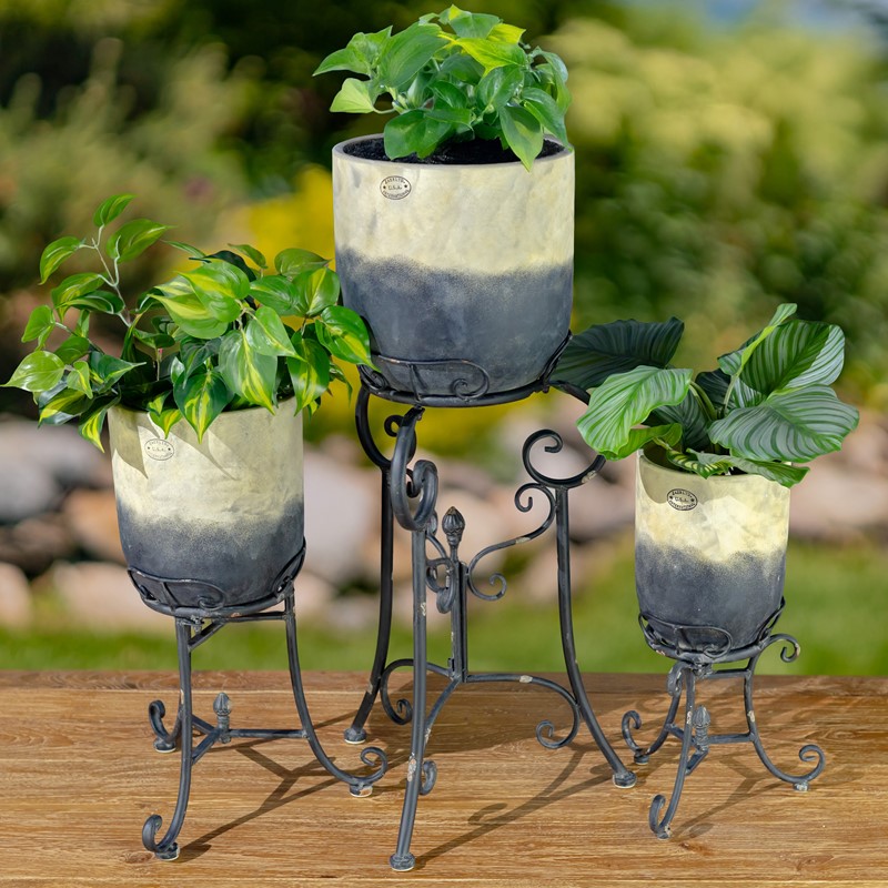 Set of 3 Assorted Round Ceramic Pots with Raised Metal Stands in ...