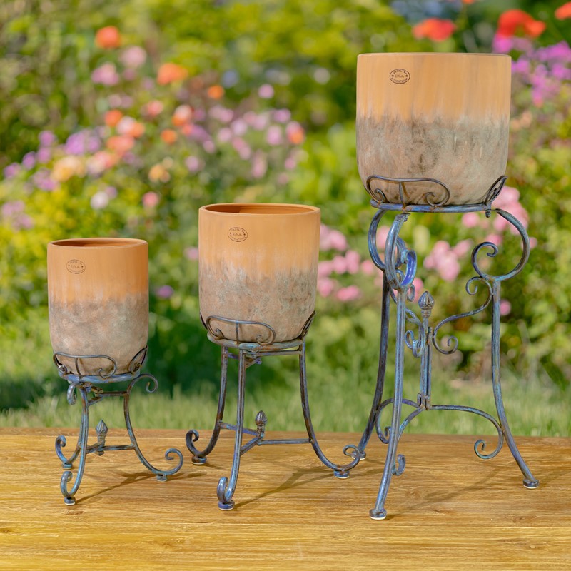 Set of 3 Assorted Round Ceramic Pots with Raised Metal Stands in Cobalt ...